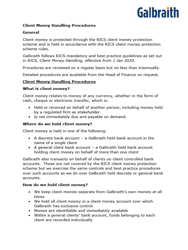 Client Money Handling Procedure Rics | PDF | Banks | Payments