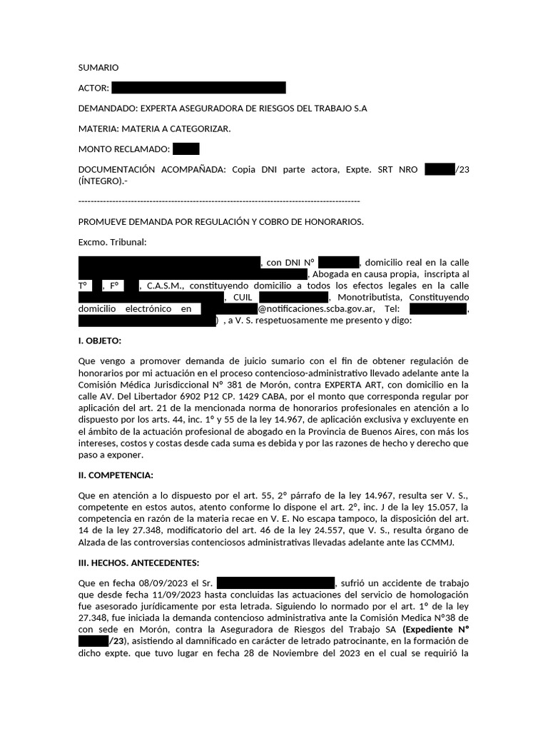 Regulacion de Honorarios Art. (Rechazo de La Contingencia) - Daniel ...