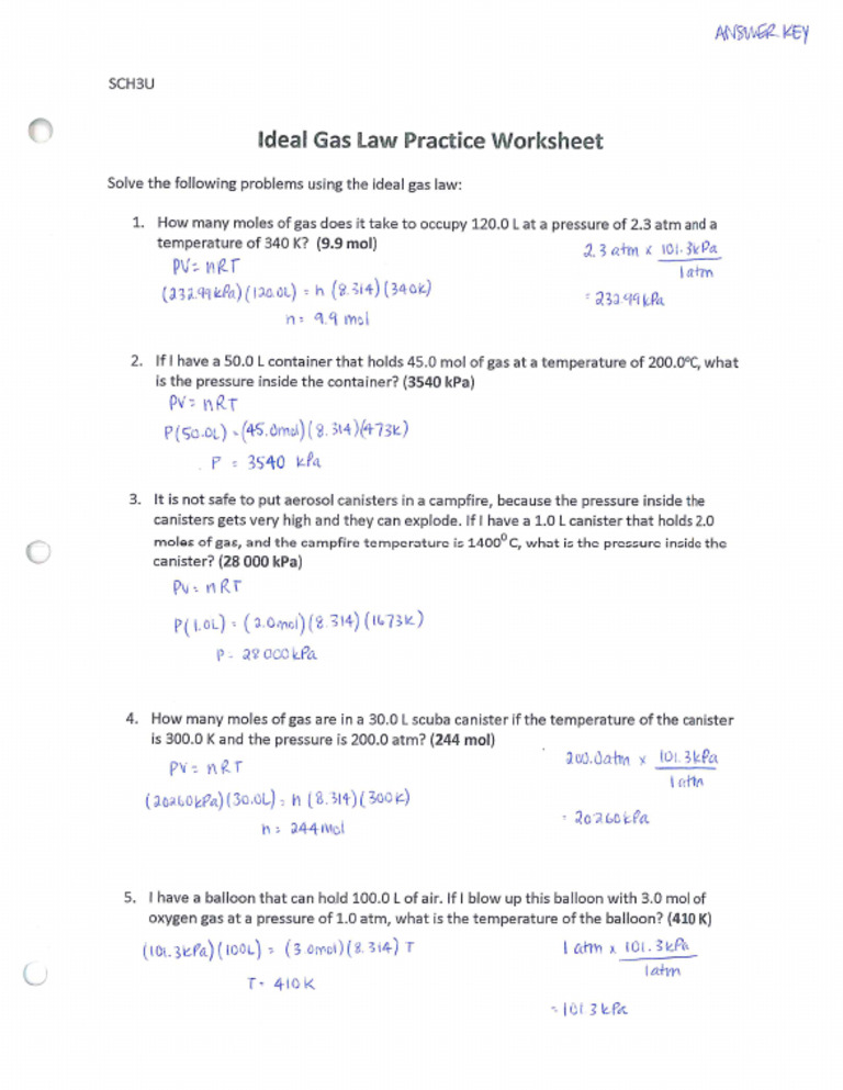 Ideal Gas Law WS Answers | PDF