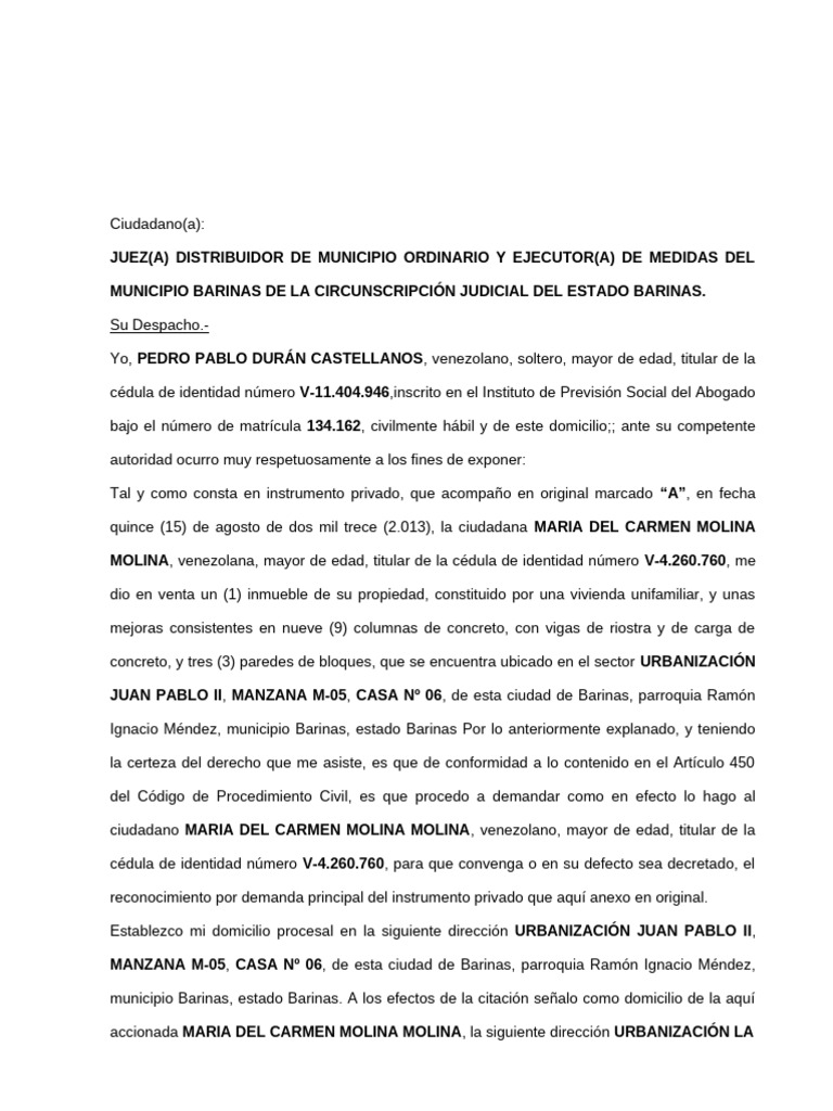 Demanda de Reconocimiento de Venta | PDF | Documento de identidad | Procedimiento Civil