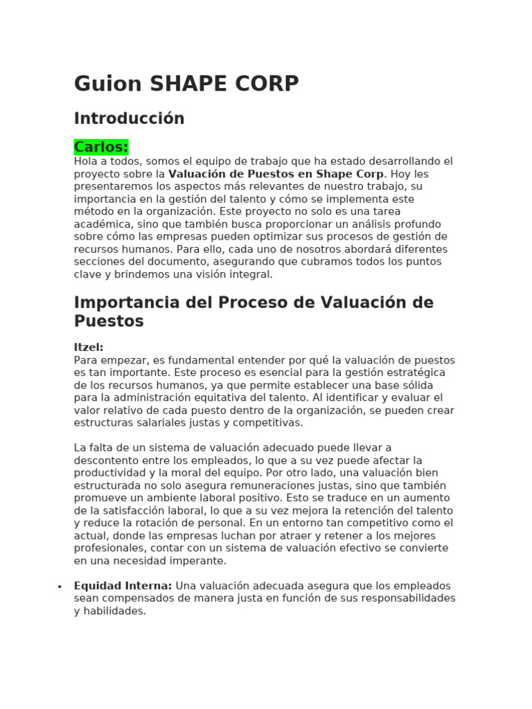 SHAPE CORP - GUION DE LA PRESENTACIÓN | PDF | Business | Gestión de recursos humanos