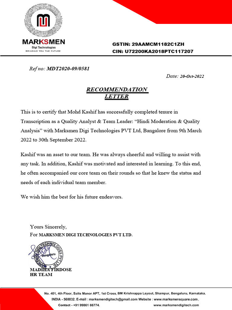 Recommendation Letter for Mohd Kashif | PDF