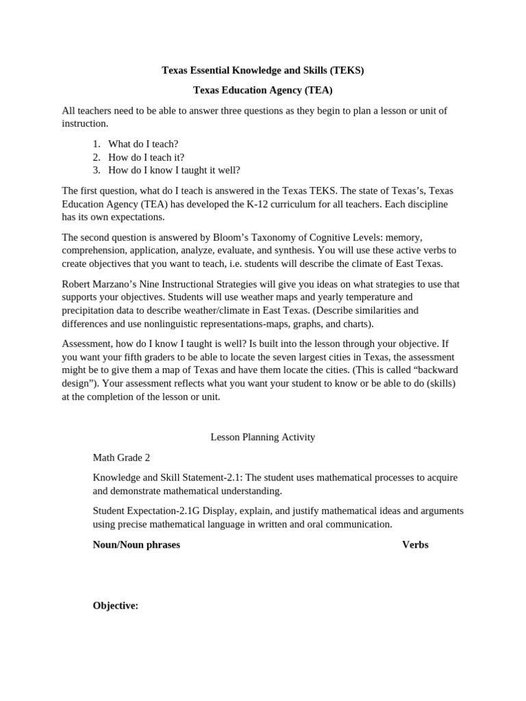 TEKS Lesson Planning Guide for Teachers | PDF | Knowledge | Reading ...