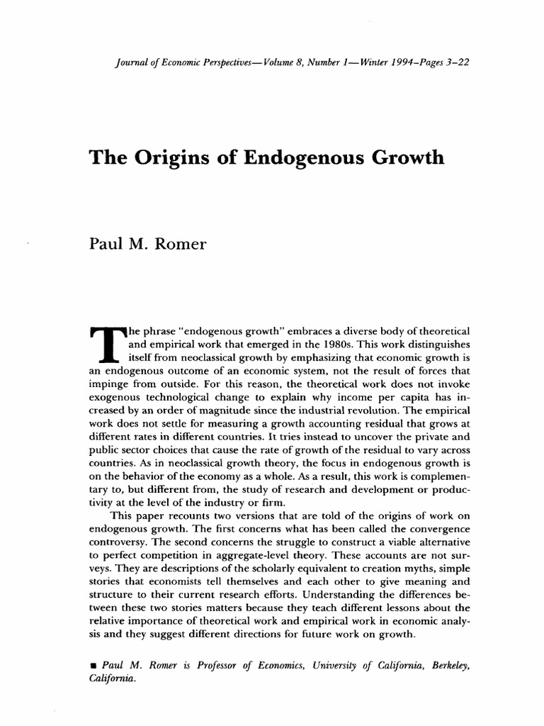 Paul Romer 2011 - The-Origins-Of-Endogenous Growth | PDF | Economics | Labour Economics
