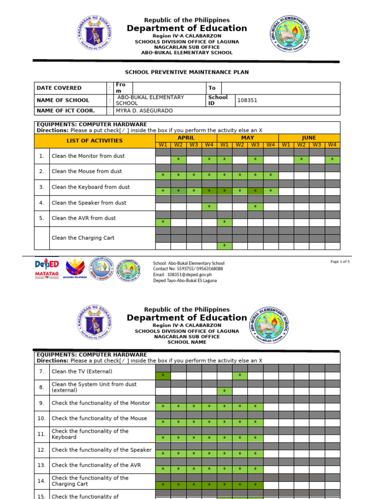 Abes April-June School-Preventive-Maintenance-Plan | PDF | Manufactured ...