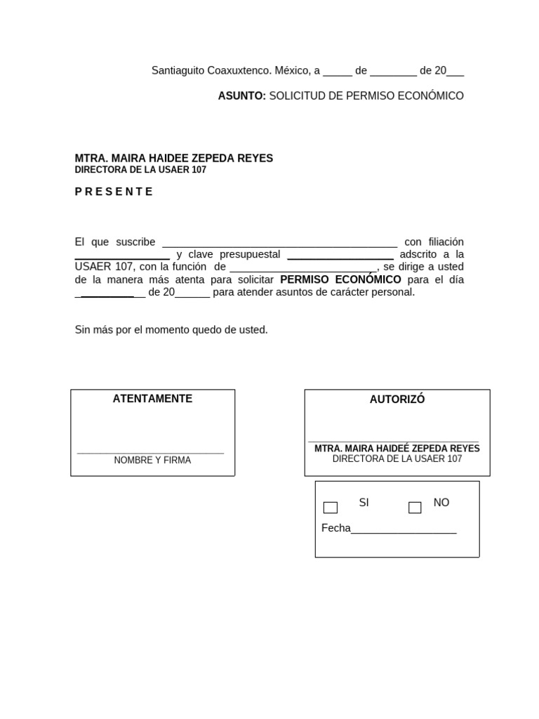 Solicitud Permiso Económico USAER 107 | PDF