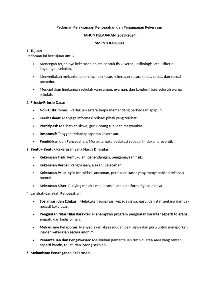 Pedoman Pelaksanaan Pencegahan Dan Penanganan Kekerasan | PDF