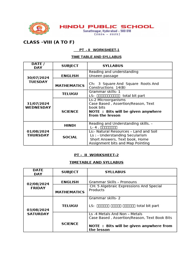 CLASS-8 PT- 2 WORKSHEET TIMETABLE & SYLLABUS | PDF