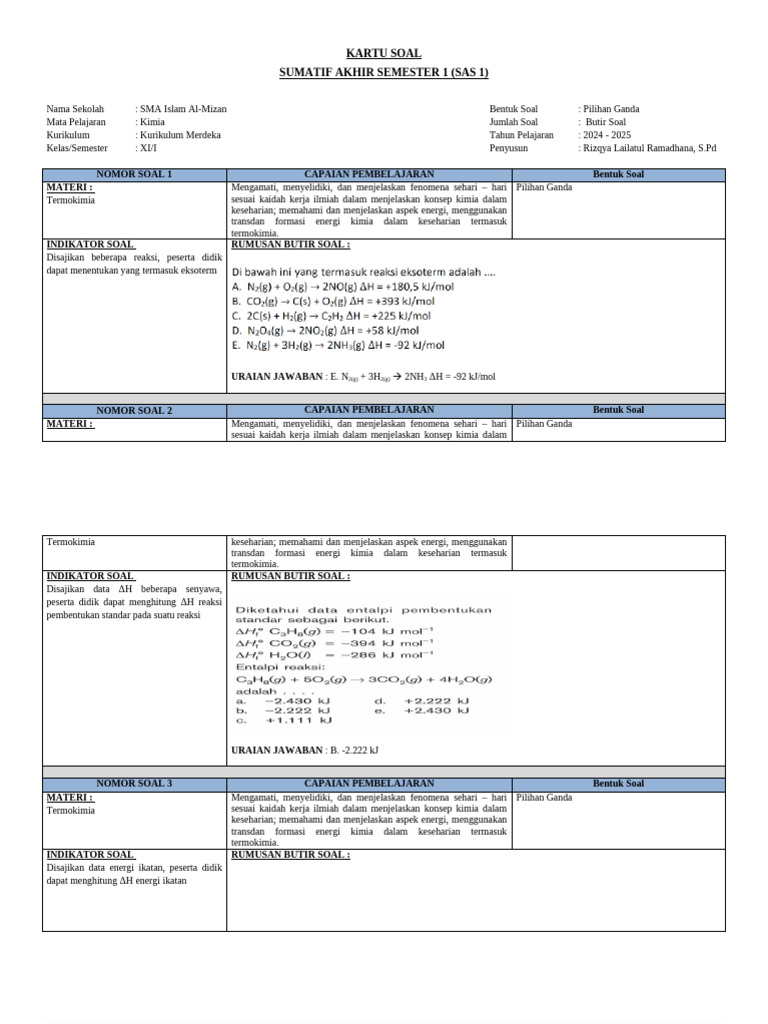 KARTU SOAL KIM XI SAS | PDF