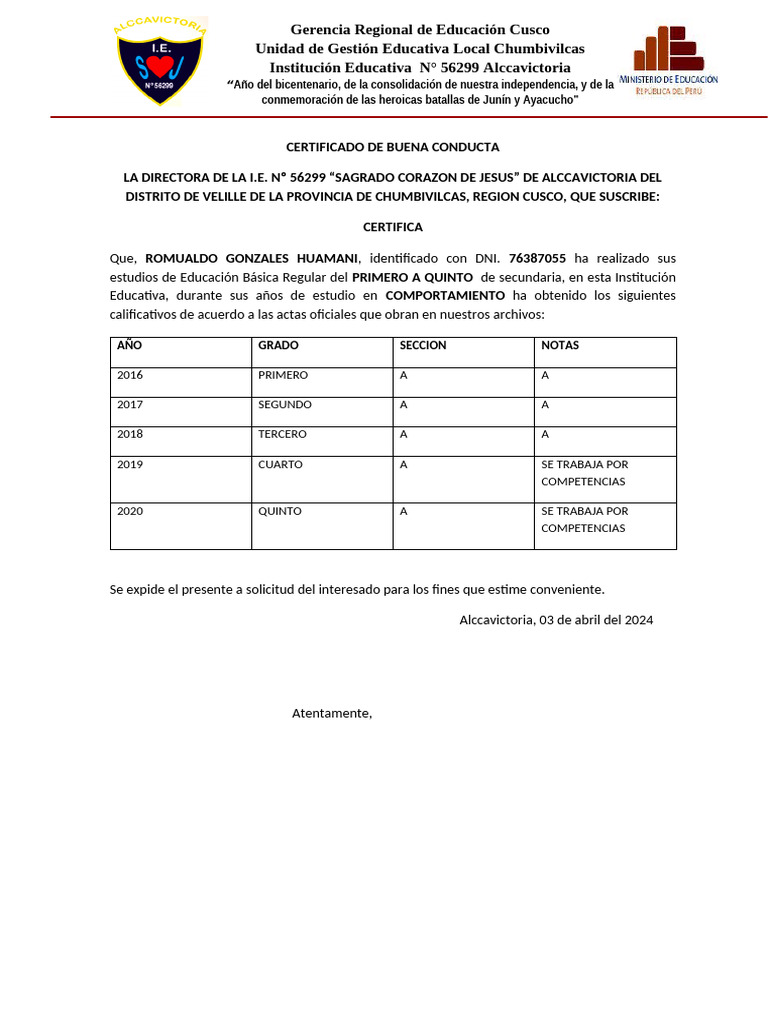 Certificado de Buena Conducta Escolar | PDF