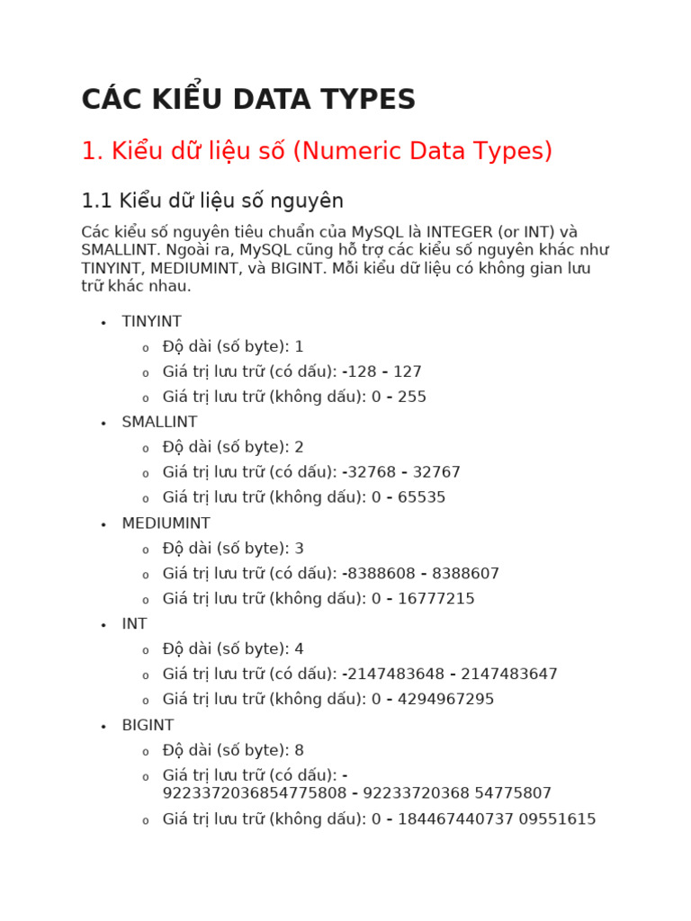 CÁC KIỂU DATA TYPES | PDF