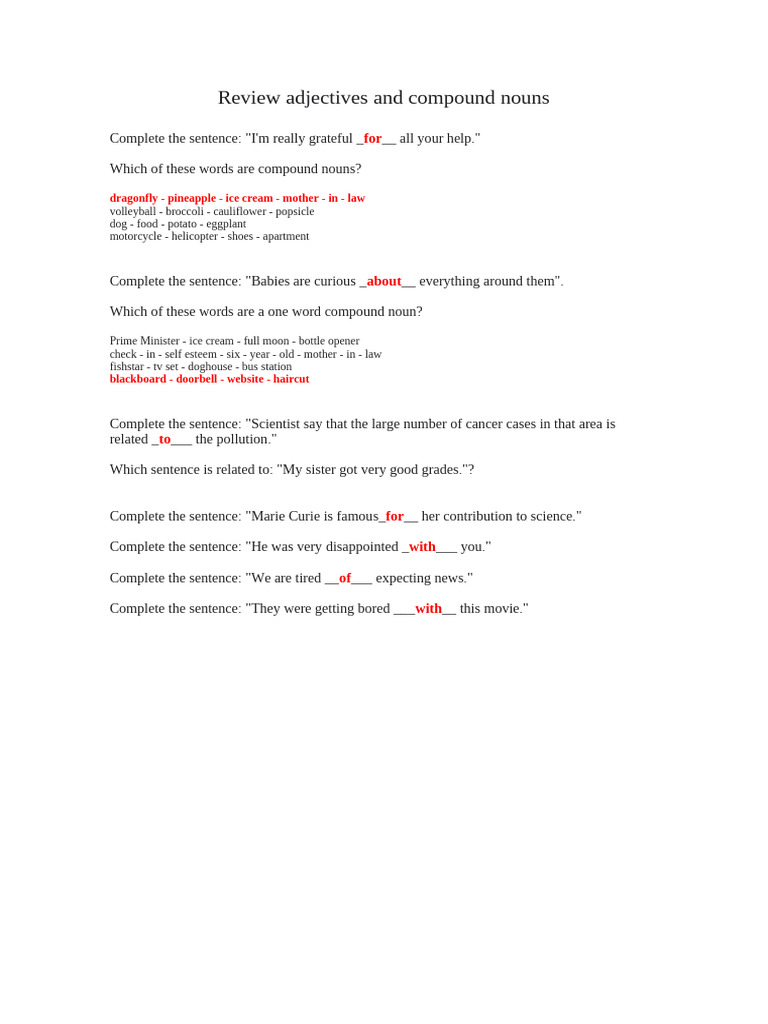 Gabarito Review Adjectives and Compound Nouns | PDF