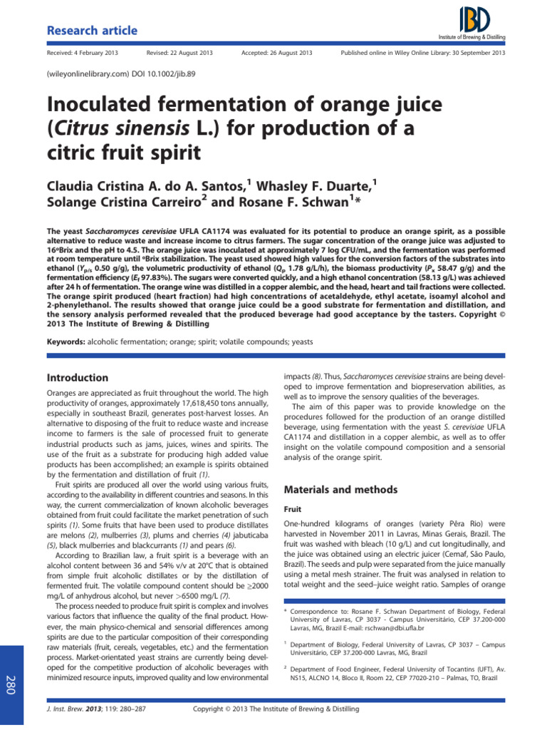 J Institute Brewing - 2013 - Santos - Inoculated Fermentation of Orange ...