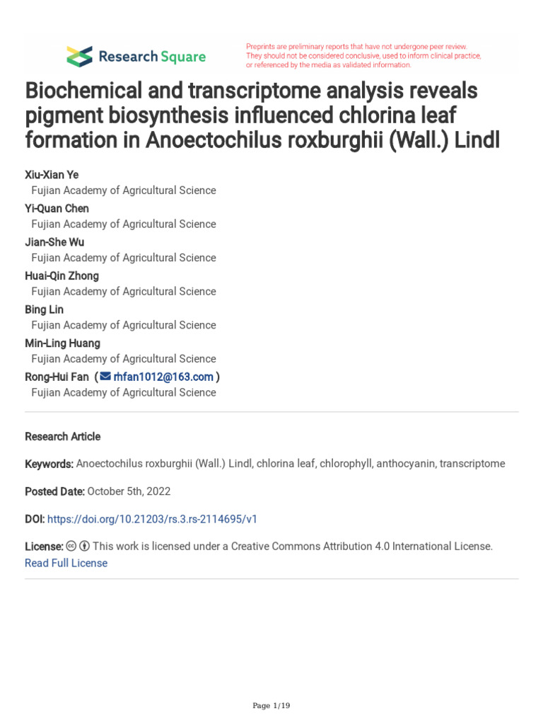 Biochemical and Transcriptome Analysis Reveals Pigment Biosynthesis Infl Uenced Chlorina Leaf ...
