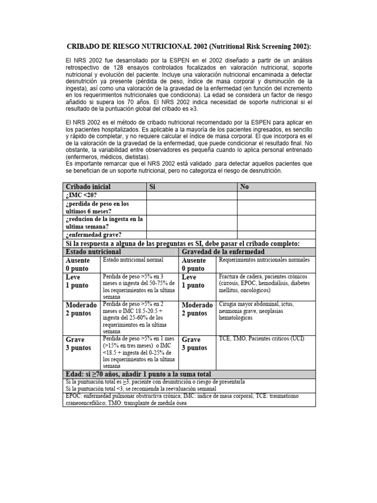 Cribado de Riesgo Nutricional NRS 2002 | PDF | Pérdida de peso | Índice ...