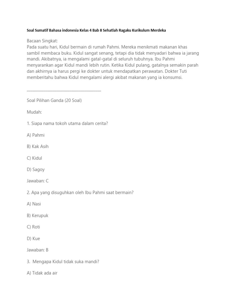 Soal Sumatif Bahasa Indonesia Kelas 4 Bab 8 Sehatlah Ragaku Kurikulum Merdeka | PDF