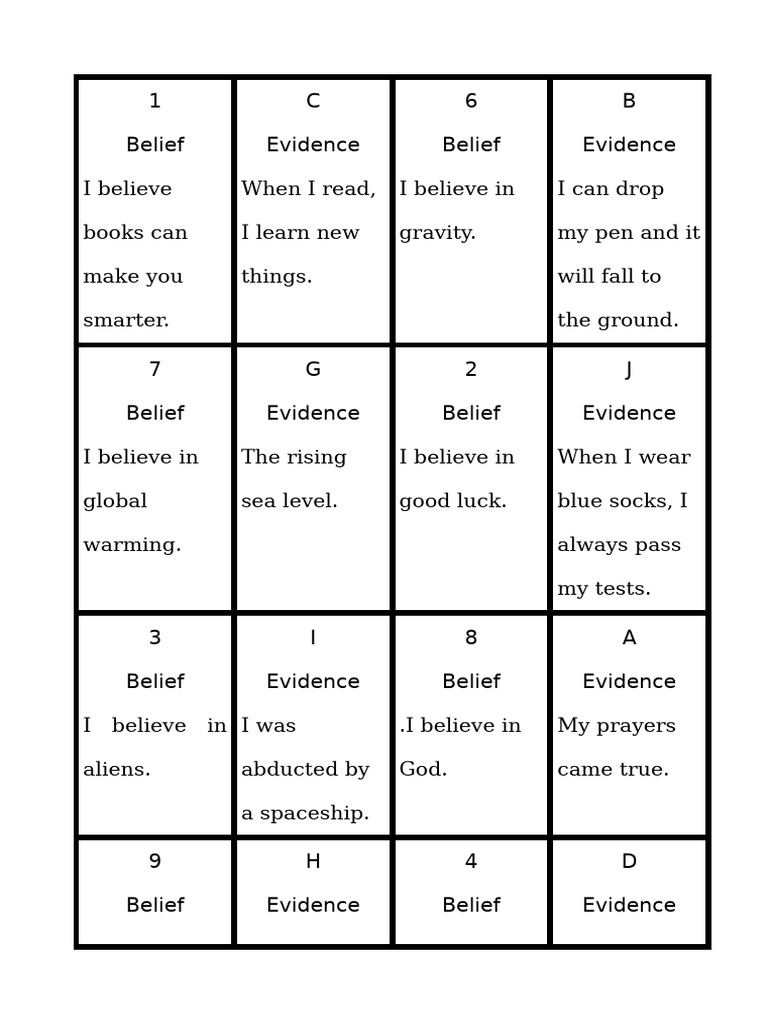 Belief and Evidence Matching Cards | PDF