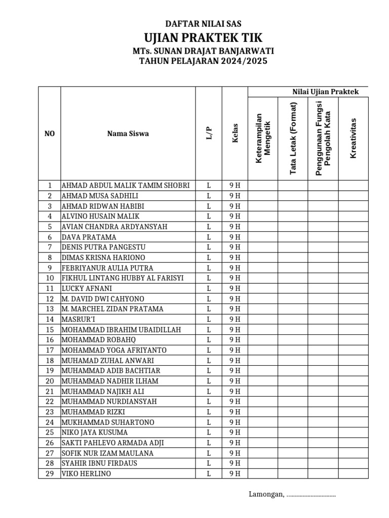 Form Nilai Tik | PDF