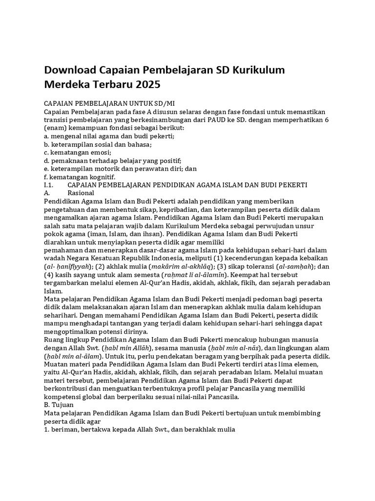 Capaian Pembelajaran SD Kurikulum Merdeka Terbaru 2025 | PDF