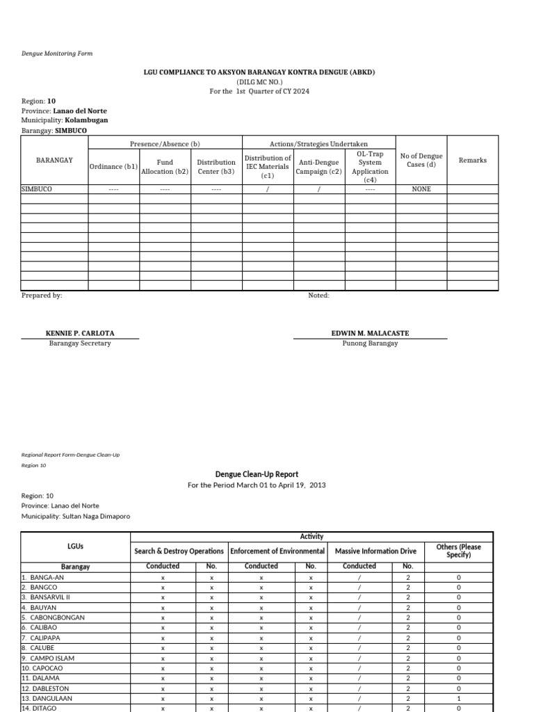 Dengue Monitoring Form - Barangay | PDF