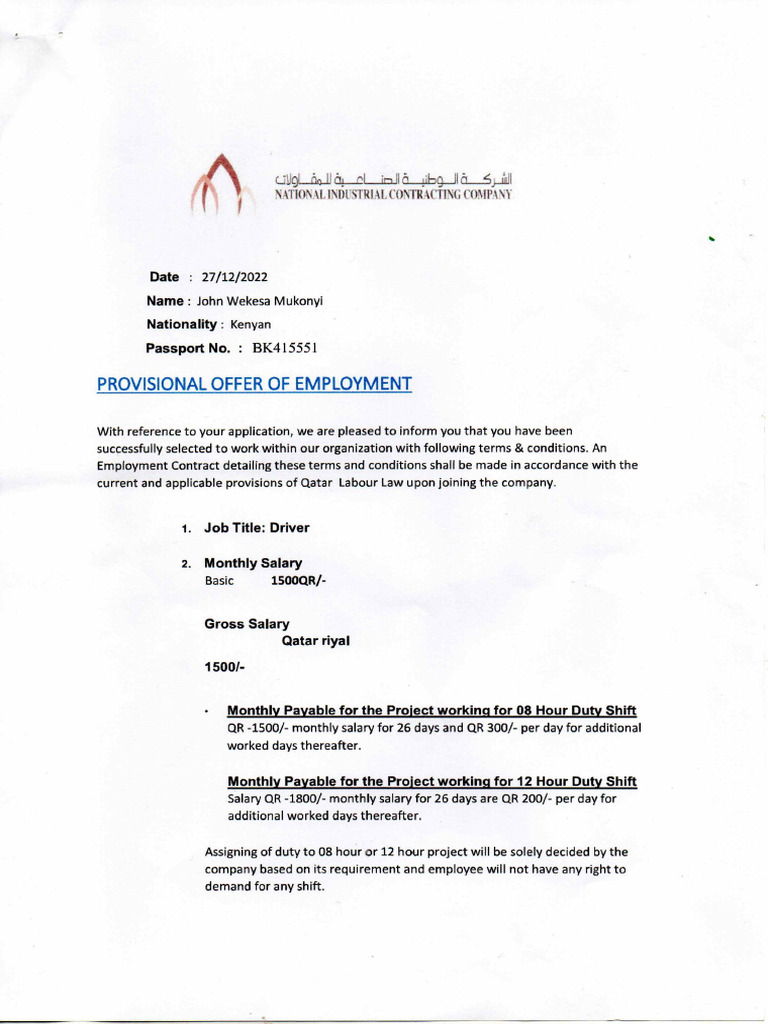 Provisional Offer of Employment | PDF
