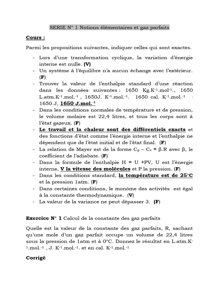 Exercices Dapplication Corrigés | PDF | Enthalpie | Sciences physiques
