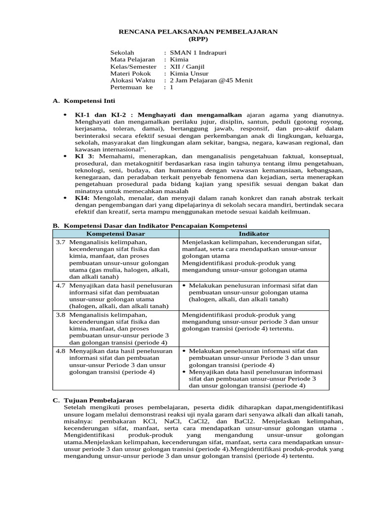 RPP Kimia Unsur Kelas XII Ganjil | PDF