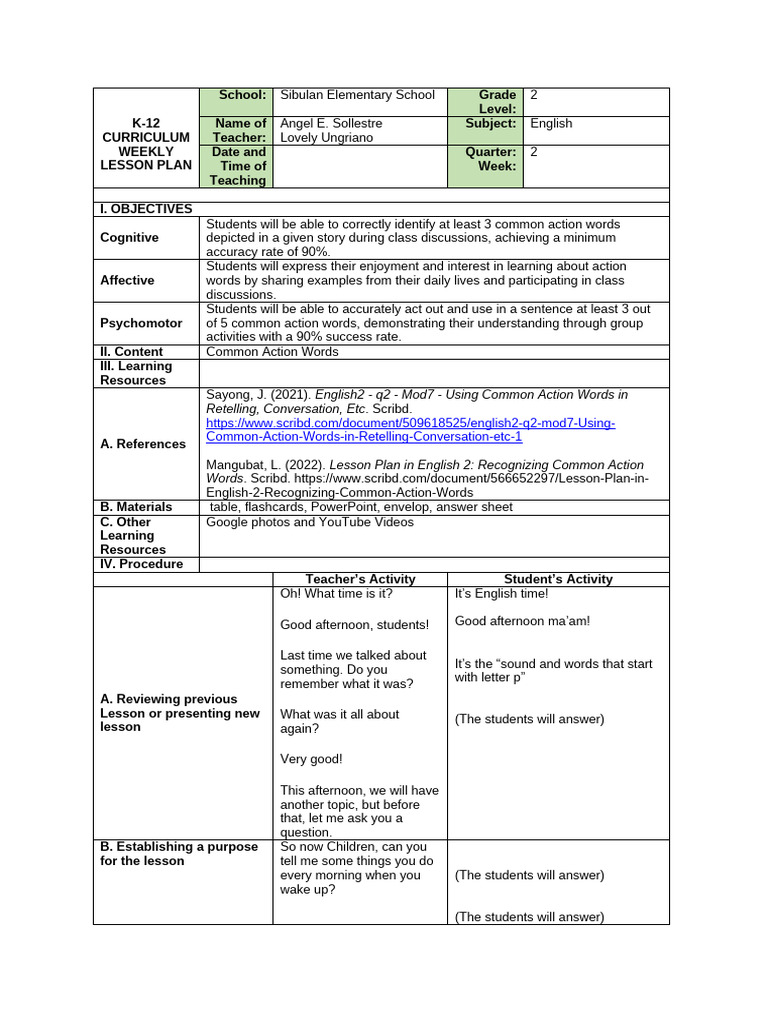 Common Action Words (1) | PDF | Lesson Plan | Learning