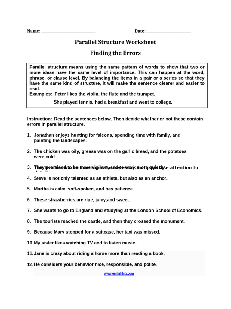 Parallel Structure Worksheet 1 | PDF | Grammar | Syntax