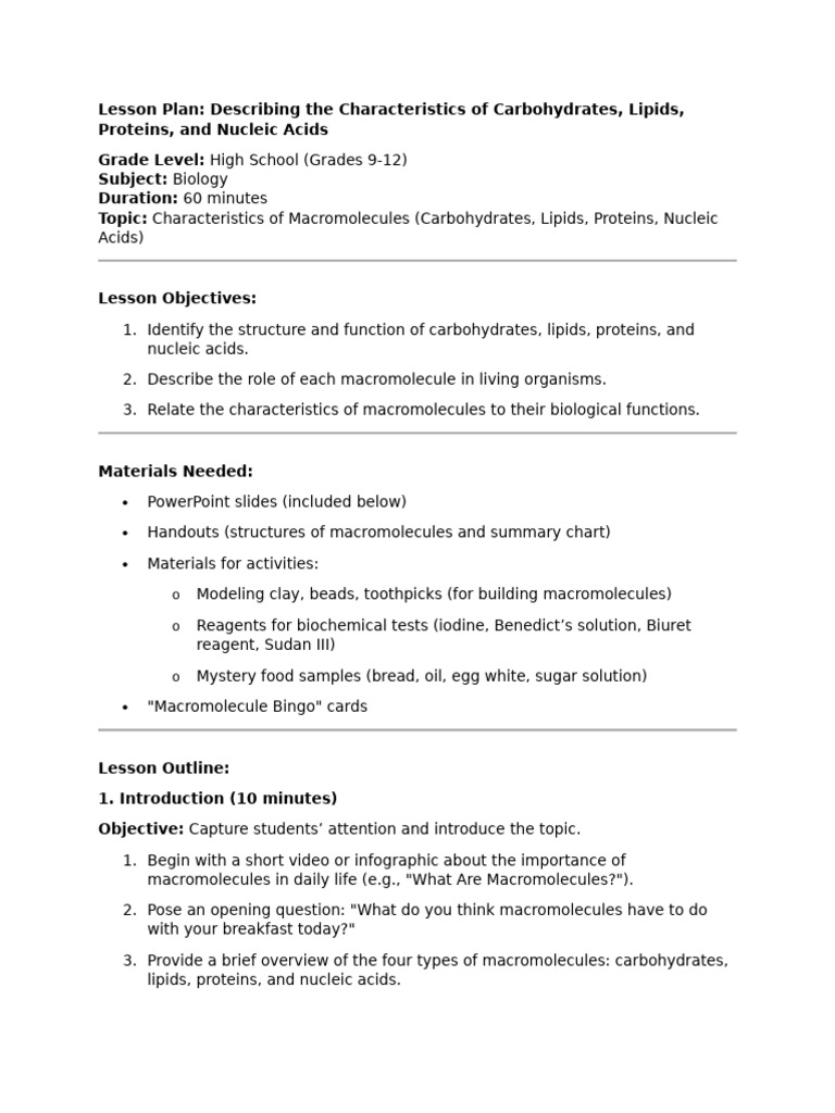 Lesson Plan - Topic 1 - Macromolecules | PDF | Macromolecules ...