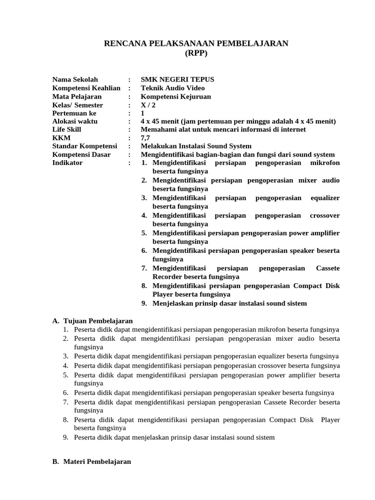 RPP KD1 Melakukan Instalasi Sound System | PDF