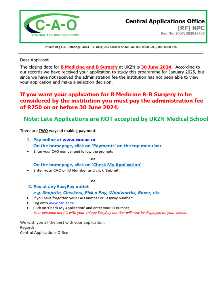 UKZN Medicine Application Fee Deadline | PDF