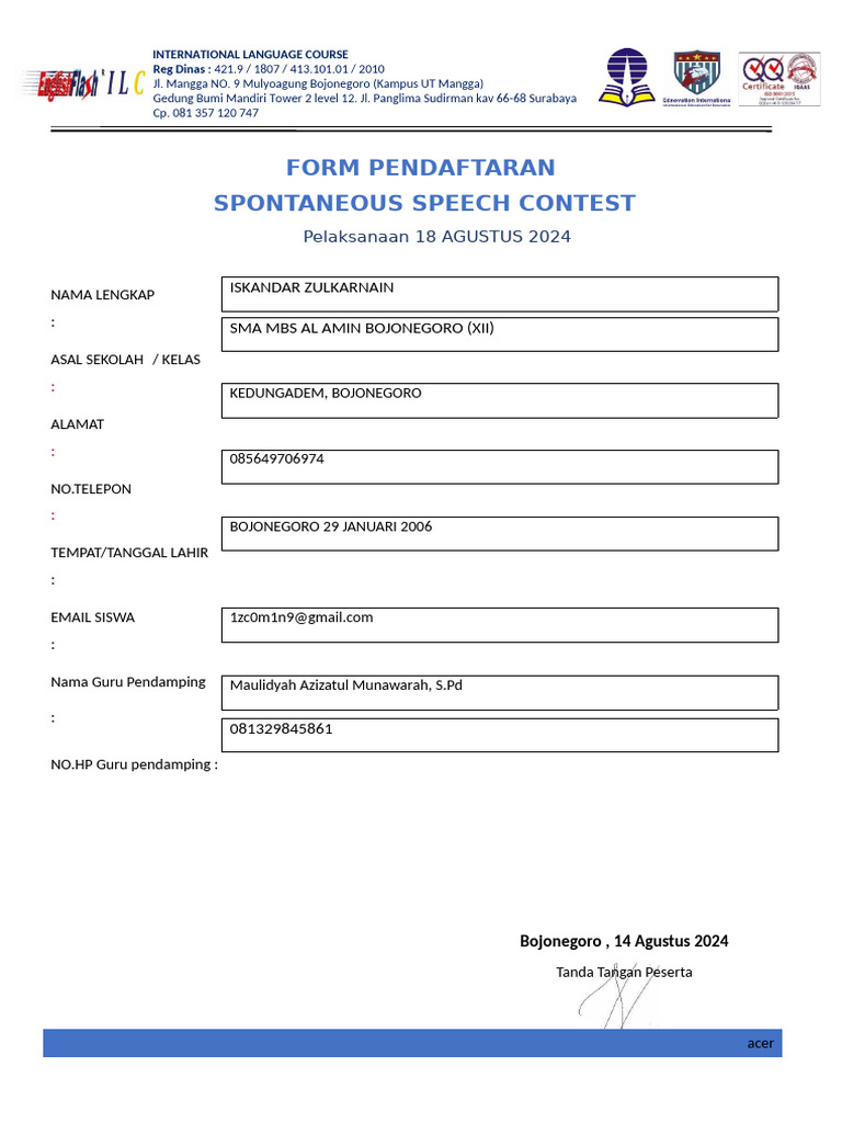 Formulir Lomba Pidato | PDF