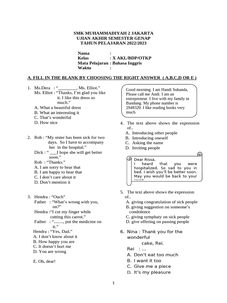 Kisi Kisi BHS Inggris KLS X Genap 2024 | PDF