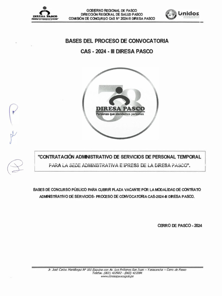 Bases Del Proceso de Convocatoria Cas 2024 III Diresa Pasco Publicar ...