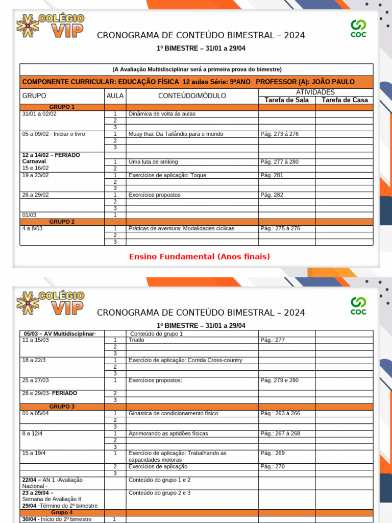 CRONOGRAMA COC - 2024 - FUND II (1) PARA prof 9º ano - 1° bim (1) (1 ...