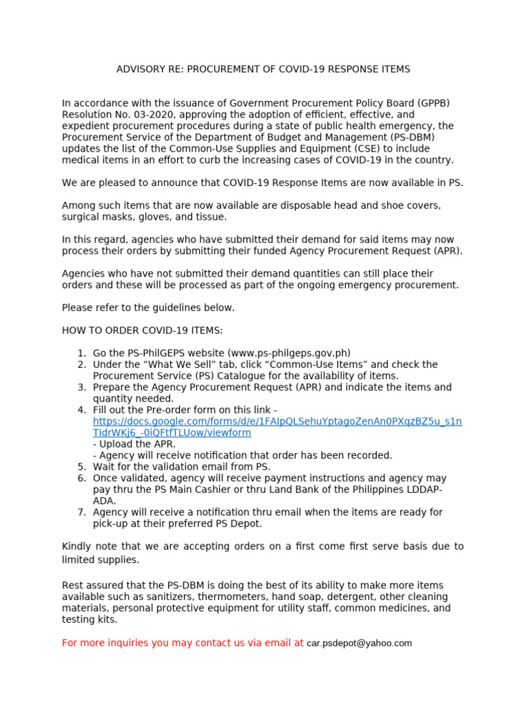 Covid - Advisory - Pre Order Form 1 | PDF