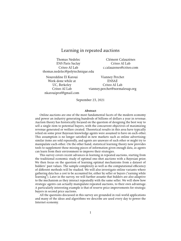 Learning in Repeated Auctions: Ffi FF | PDF | Auction | Auction Theory