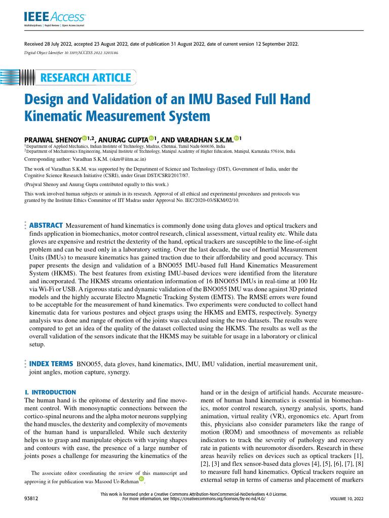 Design and Validation of An IMU Based Full Hand Kinematic Measurement ...
