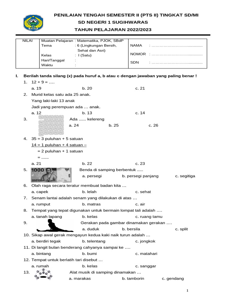 PTS 2 TEMA 6 (MAT, PJOK, SBDP) KLS 1 | PDF