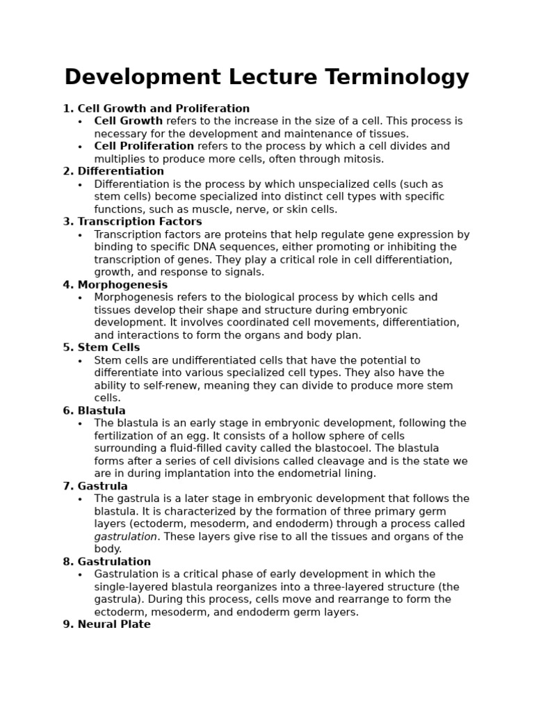 Development Lecture Terminology | PDF | Cellular Differentiation ...