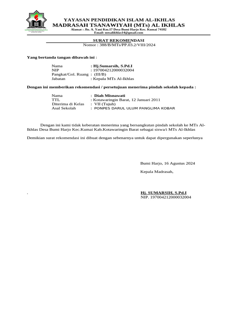 Surat Rekomendasi DIAH | PDF