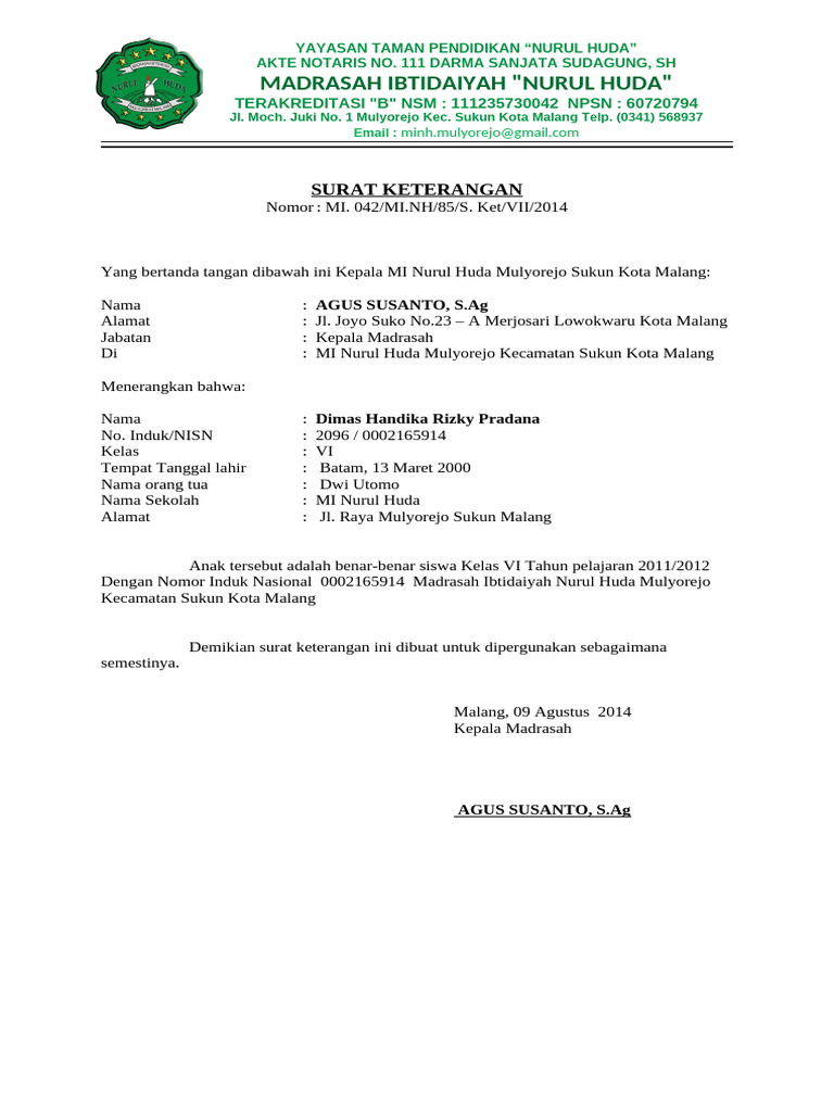 Surat Keterangan Nisn Des 2015 | PDF