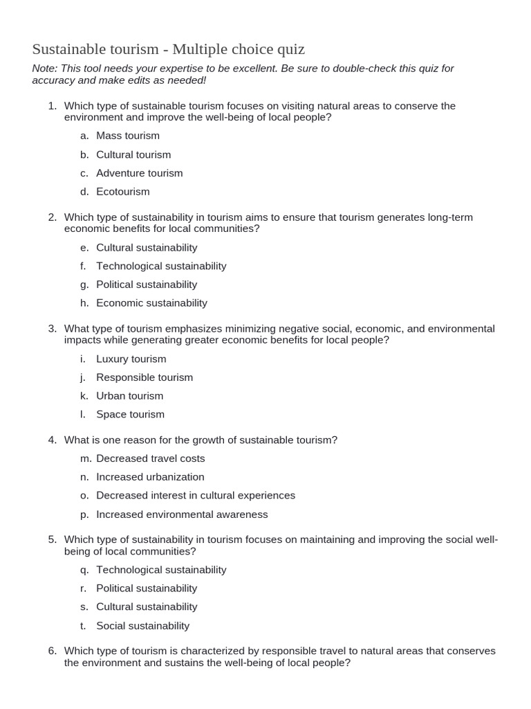 Sustainable Tourism - Multiple Choice Quiz | PDF | Sustainability | Tourism