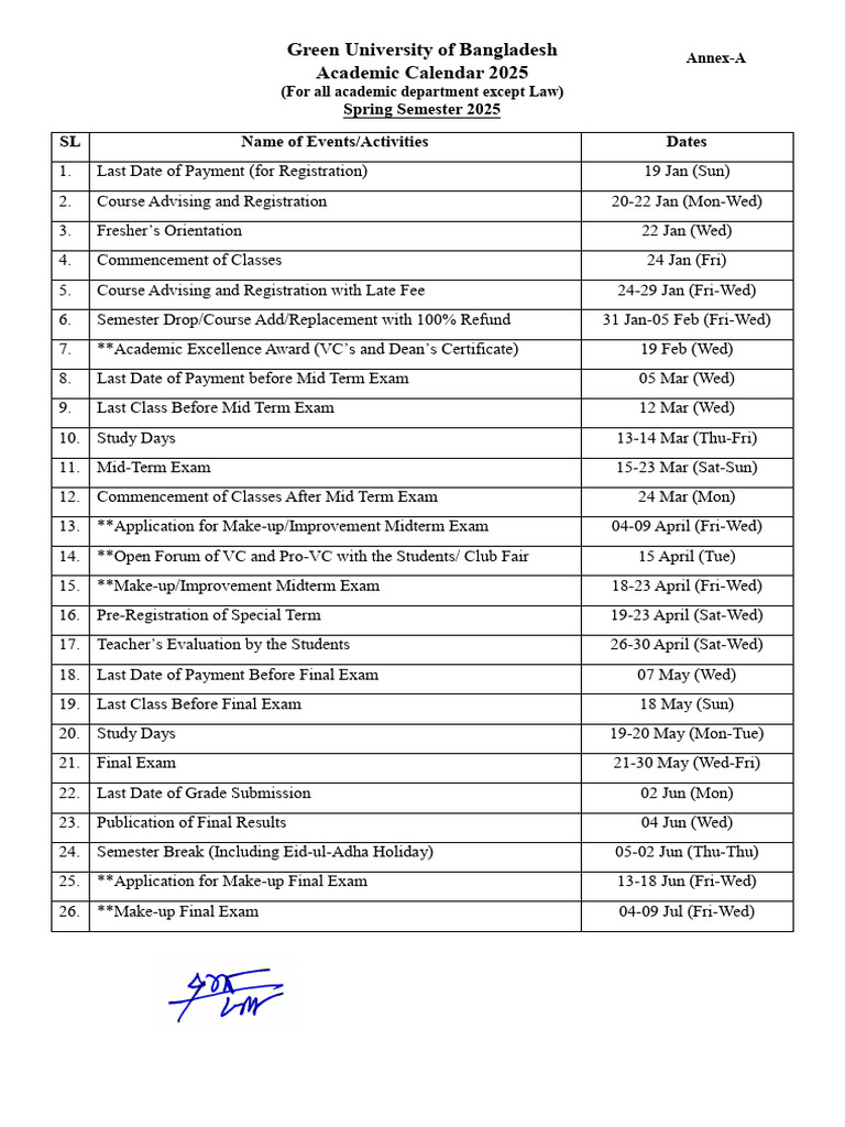 Green University Bangladesh Academic Calendar 2025 | PDF | Academic ...