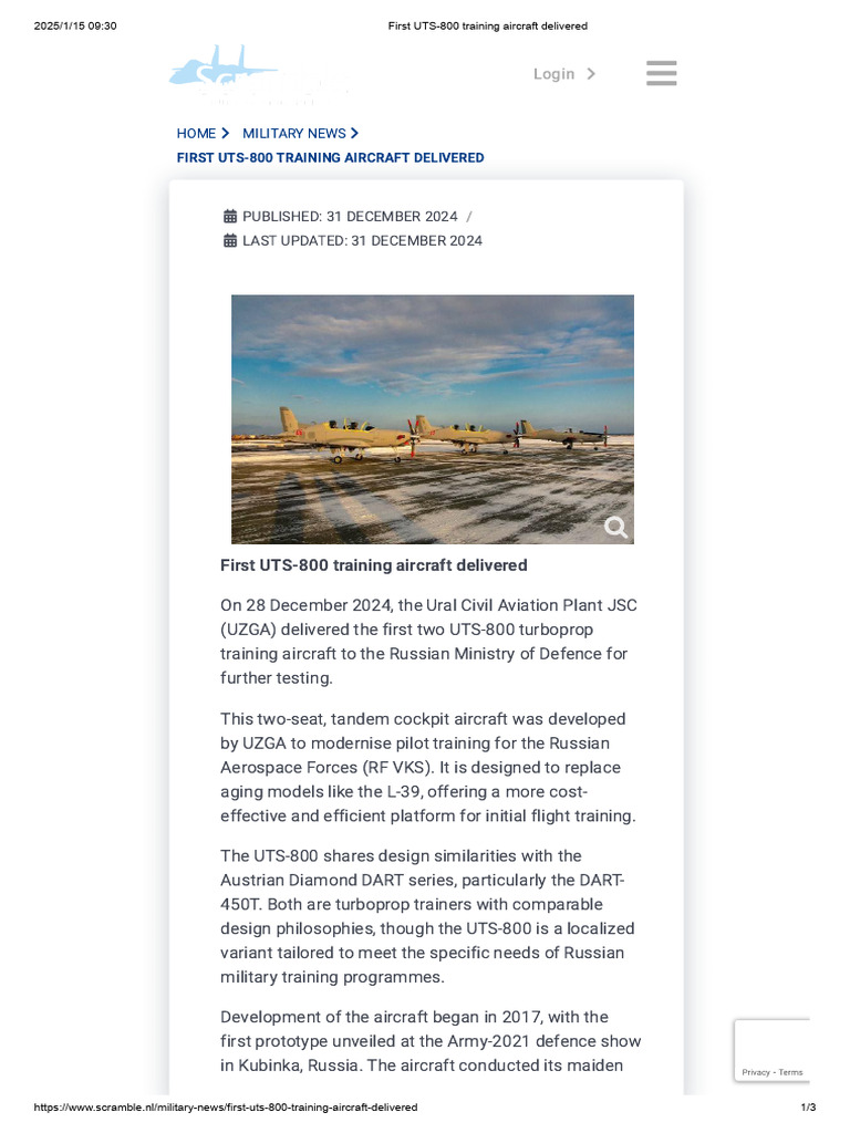 First UTS-800 Training Aircraft Delivered | PDF | Aerospace Engineering | Vehicle Design