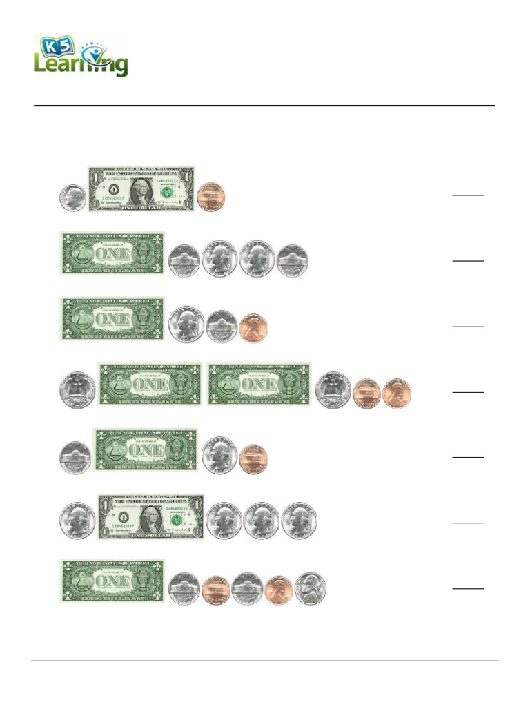 Grade 2 Counting Money Four Coins Plus One Dollar D | PDF