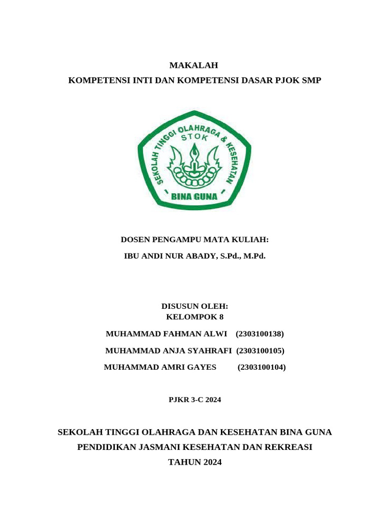 Makalah Kompetensi Inti Dan Kompetensi Dasar Pjok smp61 | PDF