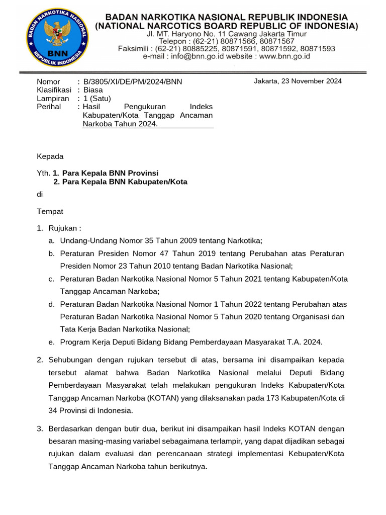 Surat Hasil Pengukiran Indeks KOTAN Tahun 2024 | PDF