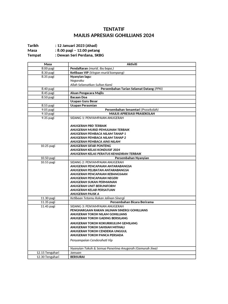 Tentatif Majlis Apresiasi Gohillians 2024 | PDF
